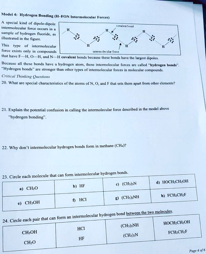 SOLVED: Model 4: Hydrogen Bonding (H-FON Intermolecular Forces) special ...