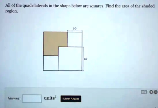 All of the quadrilaterals in the shape below are squares. Find the area of the shaded region.
