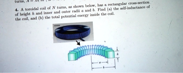 4. A toroidal coil of N turns, as shown below, has a rectangular cross-section of height h and ...