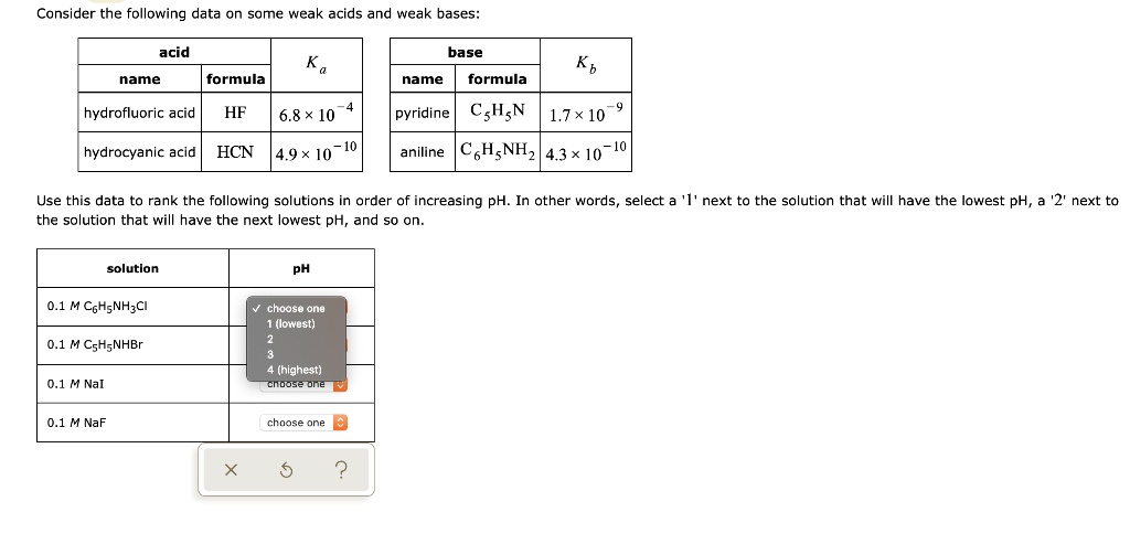 SOLVED: Consider the following data on some weak acids and weak bases: acid base Kb name formula ...