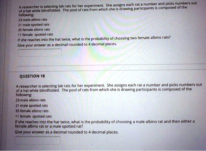 SOLVED: number and picks numbers out Aresearcher is selecting lab rats for her experiment: She ...