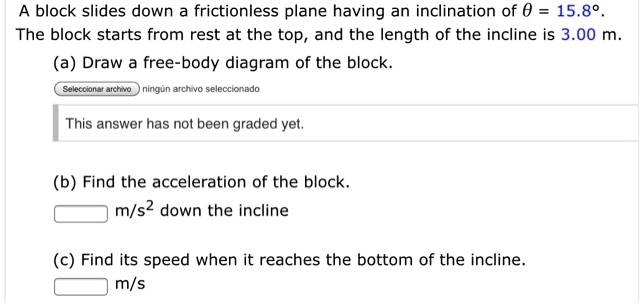 A block slides down a frictionless plane having an inclination of Î¸ = 15.80Â°. The block starts ...