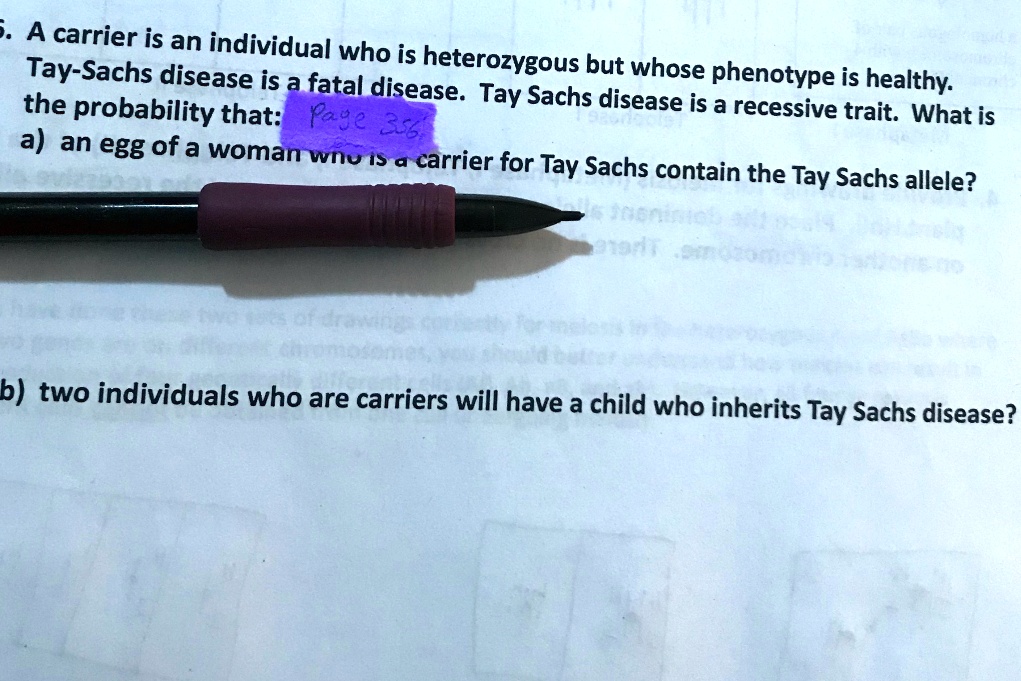 SOLVED: A carrier is an individual who has Tay-Sachs disease but whose phenotype is healthy. The ...