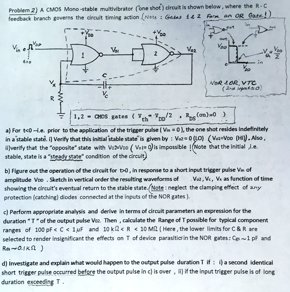SOLVED: A CMOS Monostable multivibrator ("one-shot") circuit is shown below, where the R-C ...