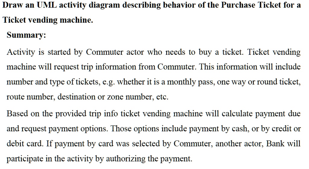 SOLVED: Draw an UML activity diagram describing behavior of the Purchase Ticket for a Ticket ...