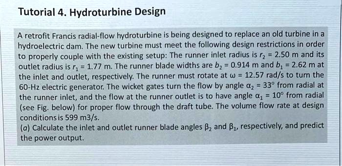 SOLVED: A retrofit Francis radial-flow hydroturbine is being designed ... SOLVED: A retrofit Francis radial-flow hydroturbine is being designed ...