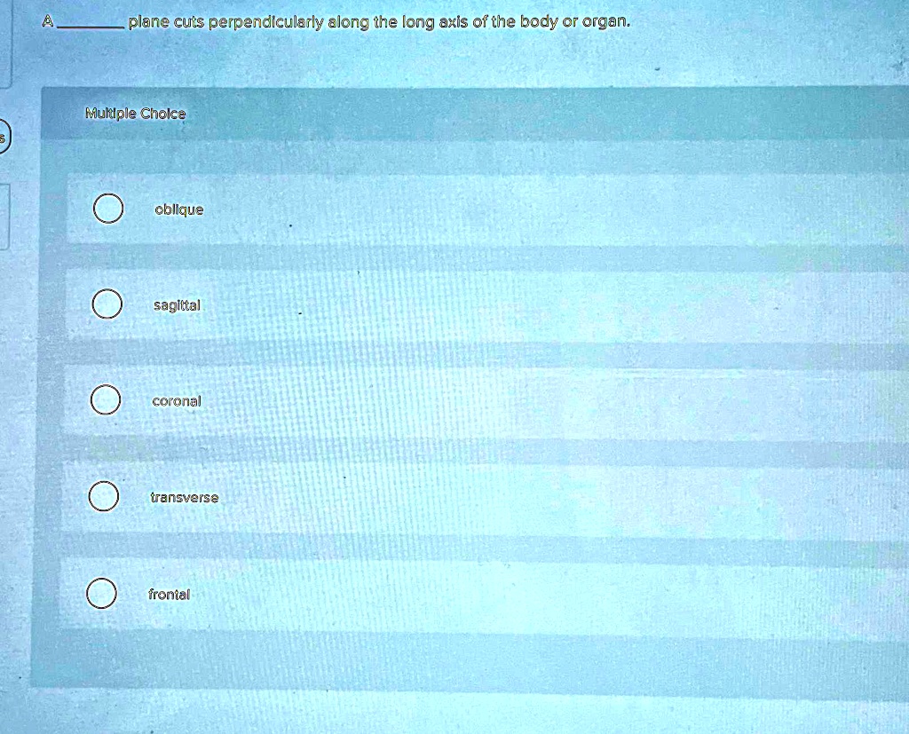 A plane cuts perpendicularly along the long axis of the body or organ ...