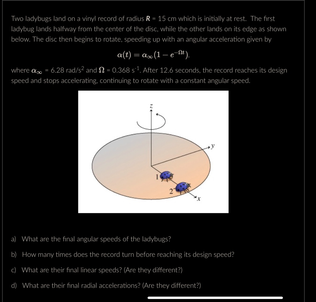 SOLVED: Two ladybugs land on a vinyl record of radius R = 15 cm which is initially at rest. The ...
