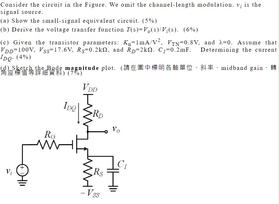 SOLVED: Consider the circuit in the Figure. We omit the channel-length modulation. vi is the ...