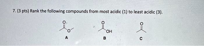 SOLVED: 7. (3 pts) Rank the following compounds from most acidic (1) to ... SOLVED: 7. (3 pts) Rank the following compounds from most acidic (1) to ...