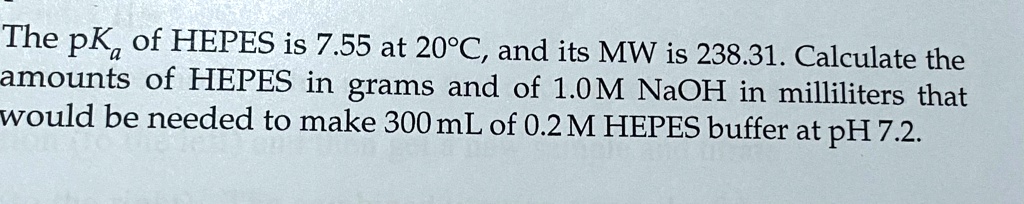 SOLVED:The pK of HEPES is 7.55 at 20PC, and its MW is 238.31. Calculate ...