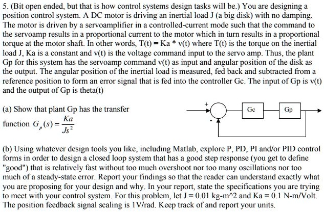 SOLVED: 5. (Bit open-ended, but that is how control systems design tasks will be. You are ...
