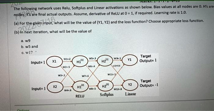 The following network uses Relu, Softplus and Linear activations as shown below. Bias values at ...