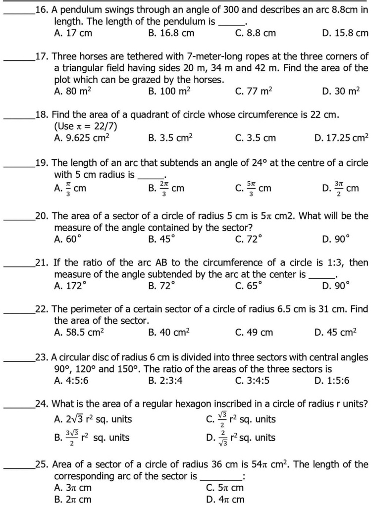 SOLVED: 16. A pendulum swings through an angle of 300 and describes an ...