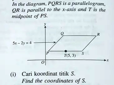 SOLVED: In the diagram, PQRS is a parallelogram; QR is parallel to the x-axis, and T is the ...