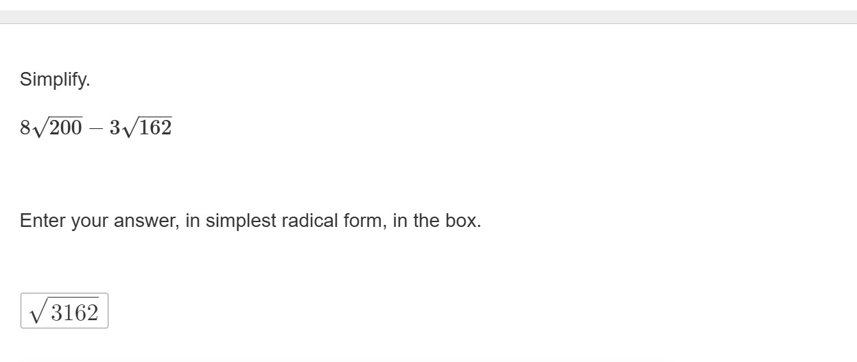 Simplify. 8 √(200)-3 √(162) Enter your answer, in...