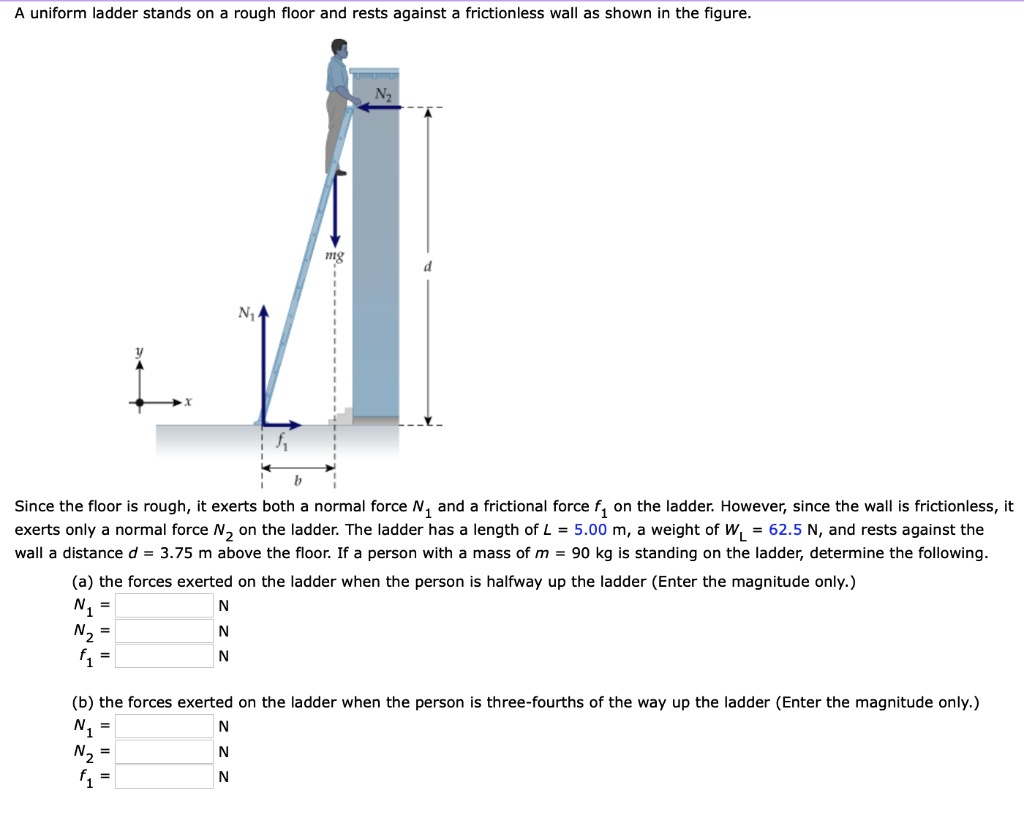 uniform ladder stands on a rough floor and rests against a frictionless ...