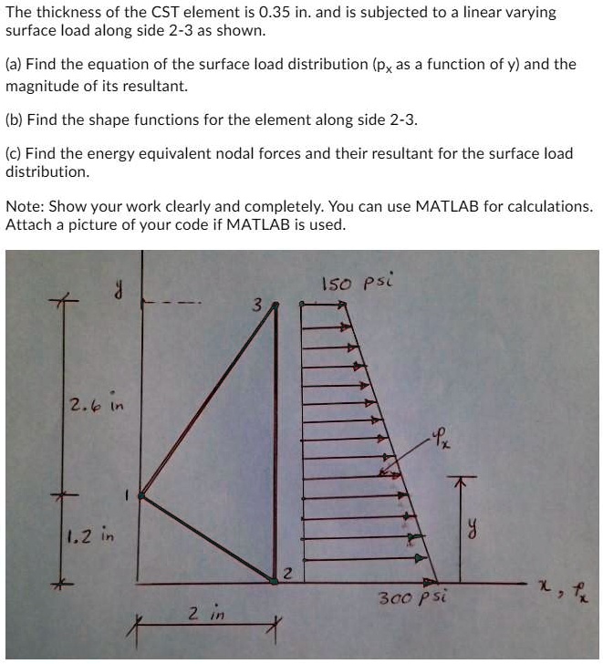 The thickness of the CST element is 0.35 in. and is subjected to a linear varying surface load ...