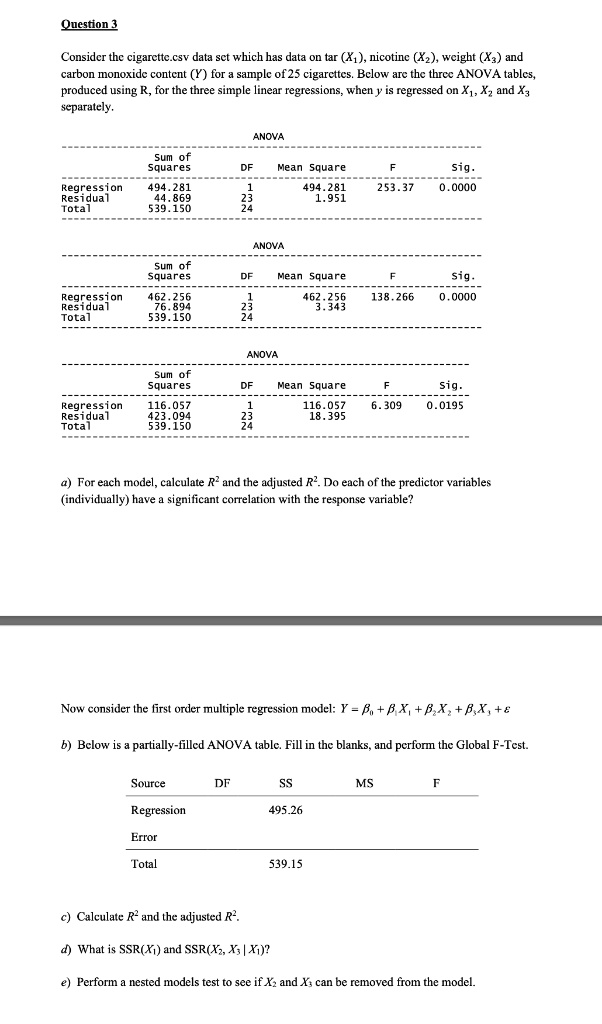 Consider the cigarette.csv data set which has data on tar (X1), nicotine (X2), weight (X3), and ...
