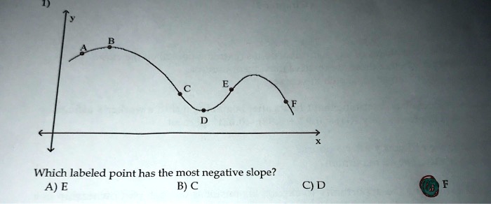 SOLVED: Which labeled point has the most negative = slope? A) E B)