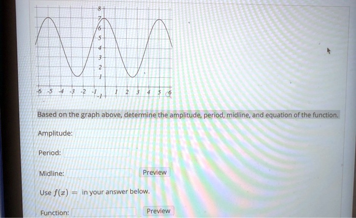 SOLVED: Based on the graph bove; determine the amplitude; period, midline; and equation of the ...