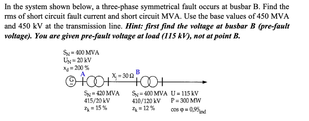 In the system shown below, a three-phase symmetrical fault occurs at busbar B. Find the rms of ...