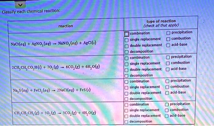 SOLVED: Type of reaction (check all that apply): combination ...