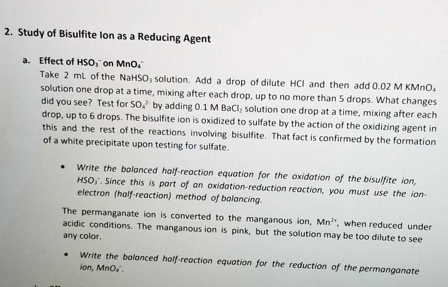 SOLVED: Study of Bisulfite Ion as a Reducing Agent Effect of HSO; on ...