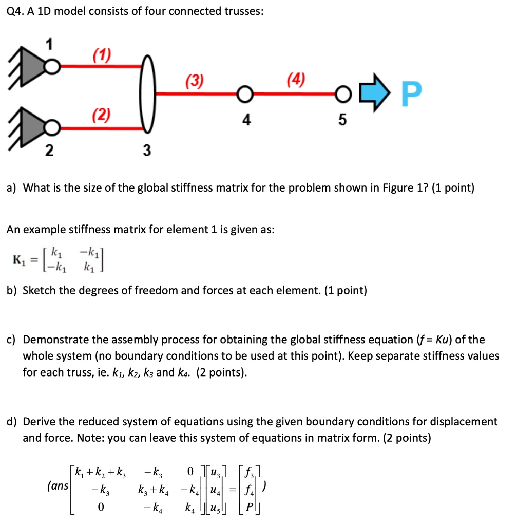 SOLVED: Q4. A 1D model consists of four connected trusses: 1 (1) (3) (4) P (2) 4 5 2 3 a) What ...