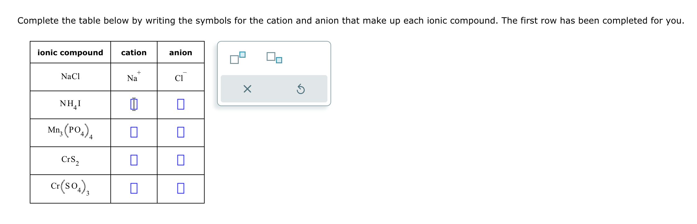 Complete The Table Below By Writing The Symbols For The Cation And Anion That Make Up Each Ionic