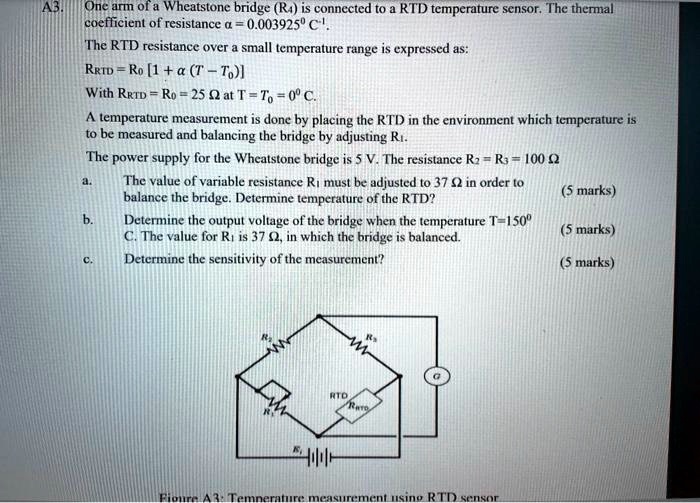 A3. One arm of a Wheatstone bridge (R4) is connected to a RTD temperature sensor. The thermal ...