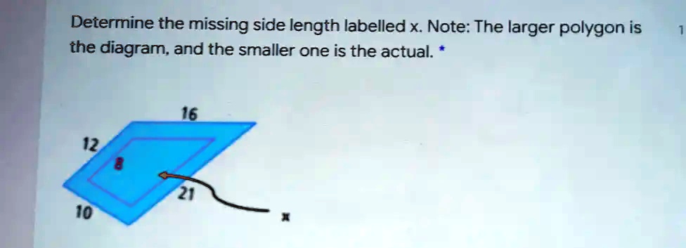 Determine the missing side length labelled x. Note: The larger polygon ...