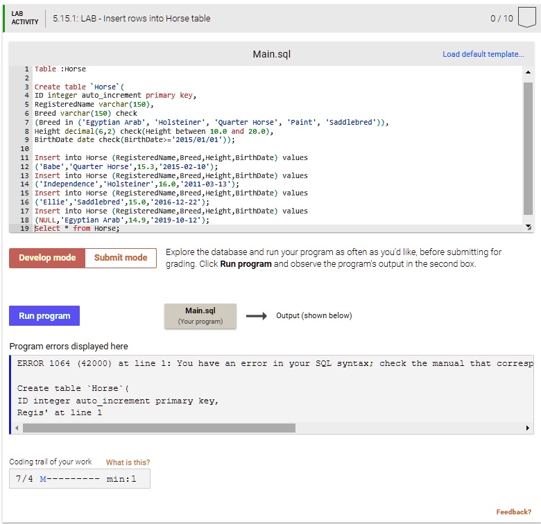 sql help please 515 lab insert rows into horse table the horse table has the following columns ...