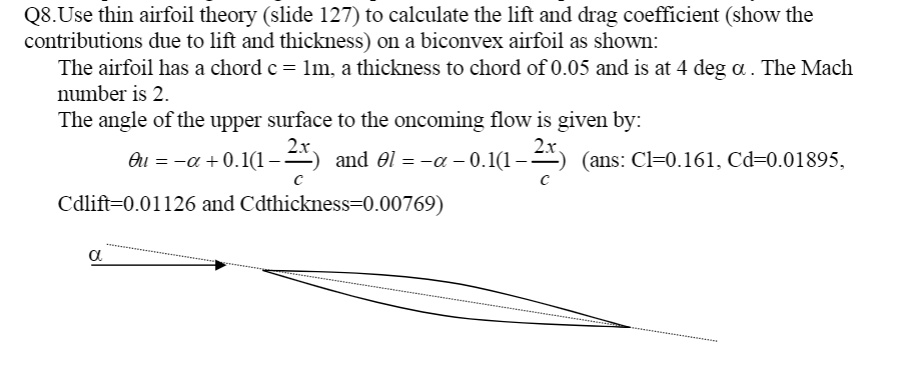 SOLVED: Q8. Use thin airfoil theory (slide 127) to calculate the lift and drag coefficient (show ...