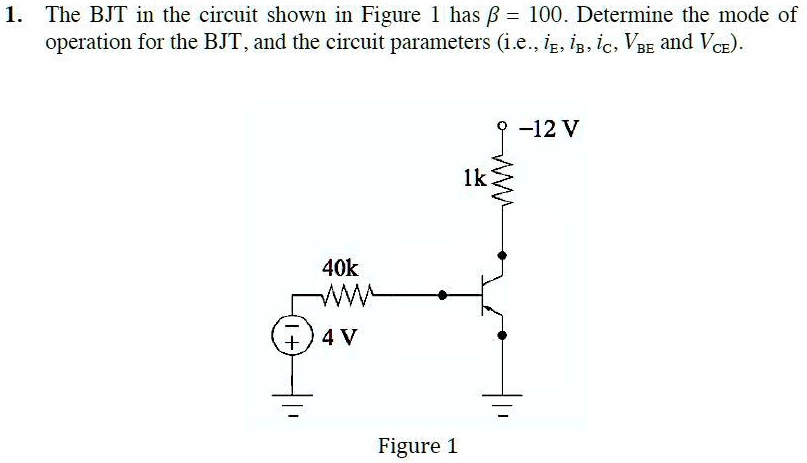 1. The BJT in the circuit shown in Figure 1 has β = 100. Determine the mode of operation for the ...