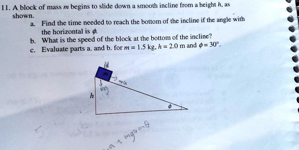 SOLVED: I1.A block of mass m begins to slide down smooth incline from a height h, as shown: Find ...
