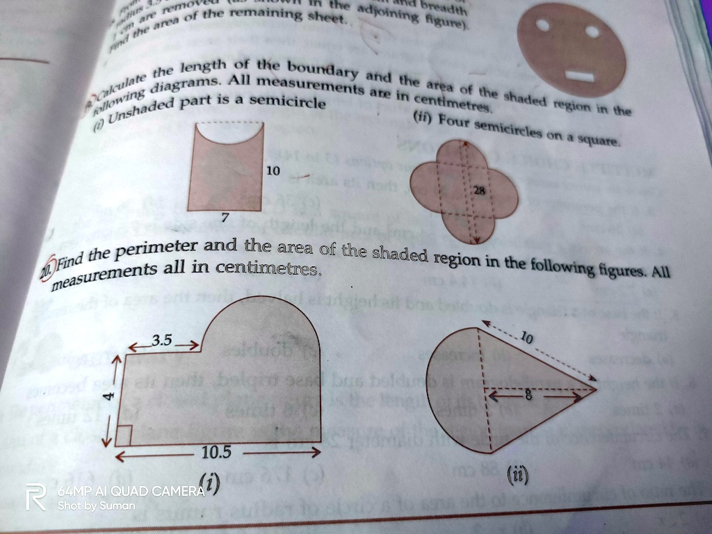 SOLVED: Calculate the length of the boundary and the area of the shaded region in the following ...