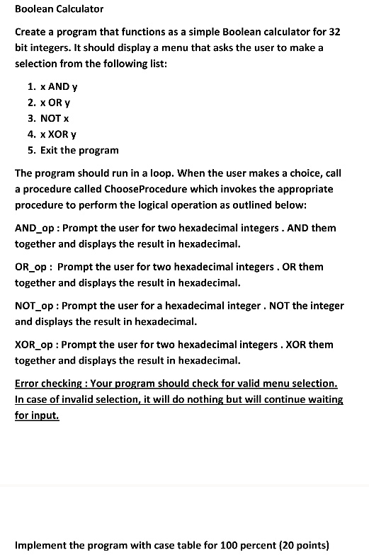 Solved Title Assembly Language Boolean Calculator Create A Program That Functions As A