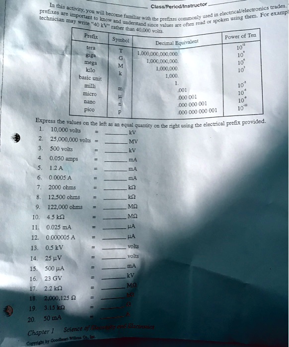 SOLVED: Class/Period/Instructor Prefix tera giga mega kilo basic unit ...