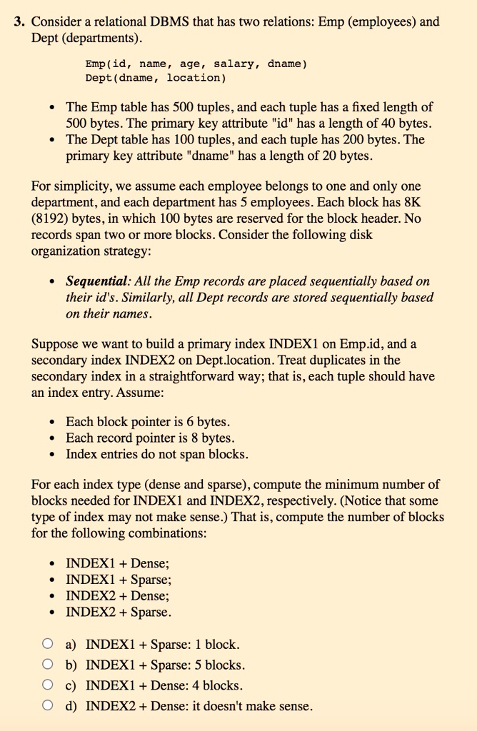 SOLVED: Consider a relational DBMS that has two relations: Emp ...