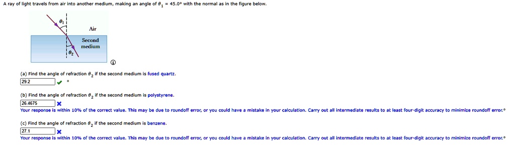 A ray of light travels from air into another medium, making an angle of ...