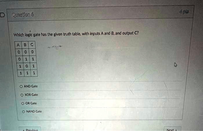 Question 6 Which logic gate has the given truth table, with inputs A and B, and output C? ABC ...