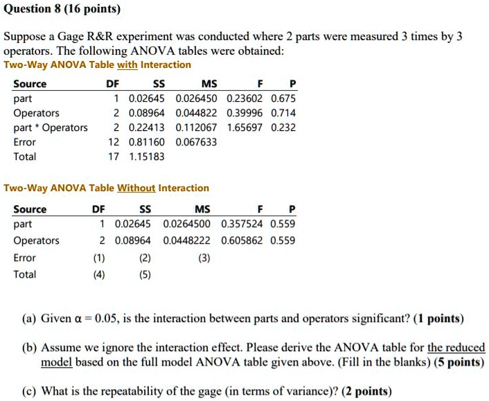 SOLVED:Question 8 (16 points) Suppose Gage R&R experiment was conducted where 2 parts were ...