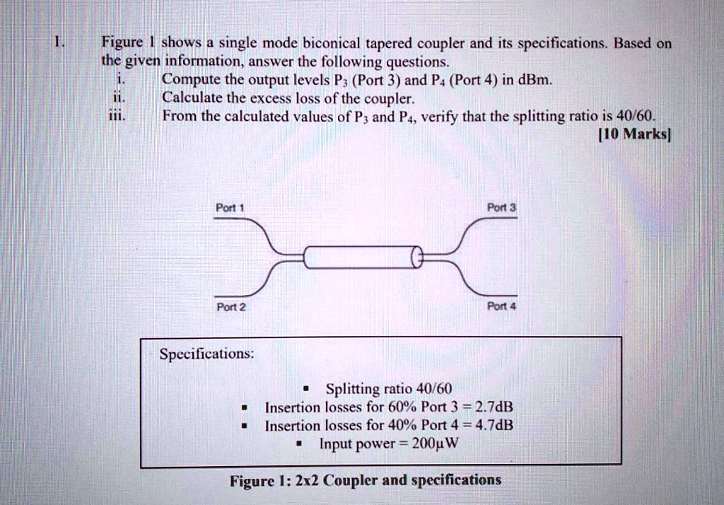 SOLVED: Figure 1 shows a single-mode biconical tapered coupler and its specifications. Based on ...