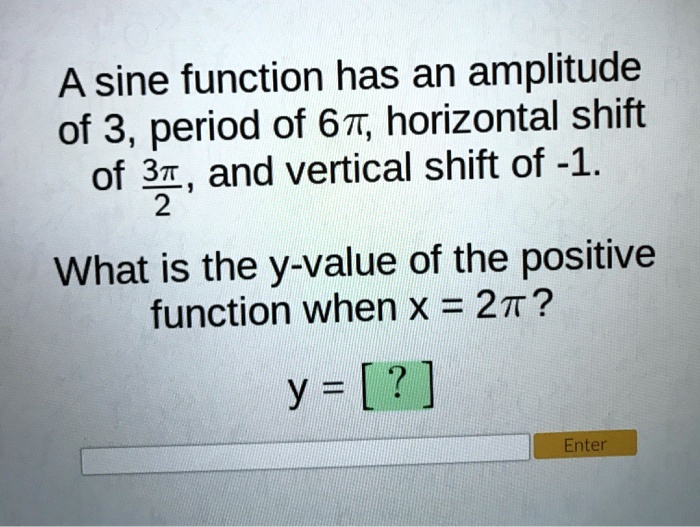 SOLVED: A sine function has an amplitude of 3, period of 67, horizontal shift of 30 and vertical ...