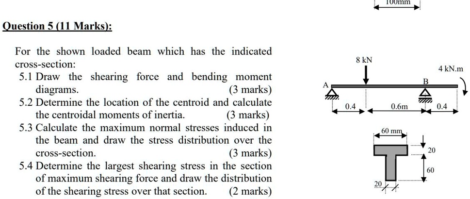 SOLVED: Question 5 (11 Marks): For the shown loaded beam which has the ...