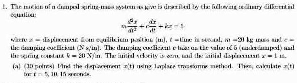 1. The motion of a damped spring-mass system as give is described by ...