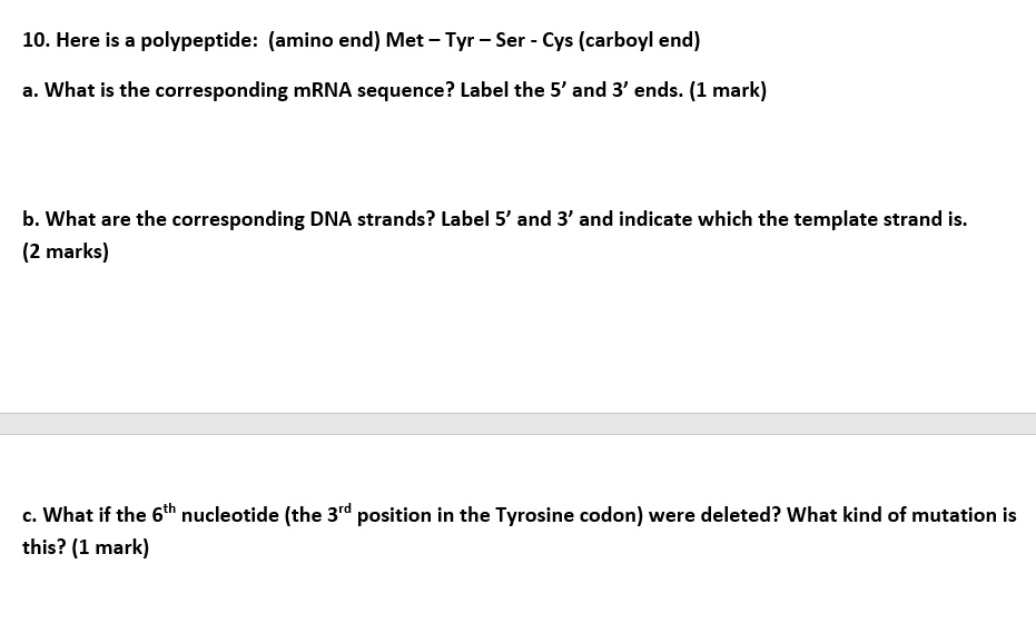 SOLVED: 10. Here is a polypeptide: (amino end) Met Tyr = Ser - Cys ...