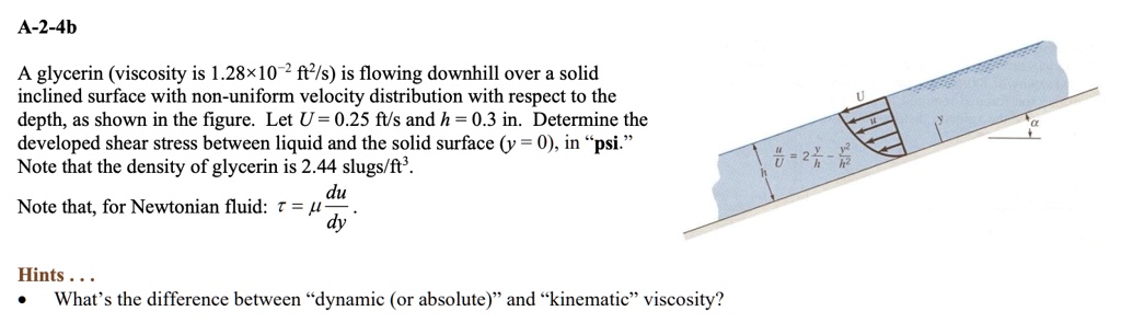 SOLVED: A-2-4b A glycerin (viscosity is 1.28 imes 10^(-2)f(t^(2))/(s) ) is flowing downhill over ...