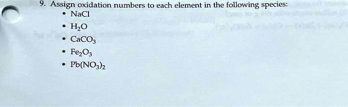 SOLVED: 9. Assign oxidation numbers to each element in the following species: • NaCl H₂O CaCO3 ...
